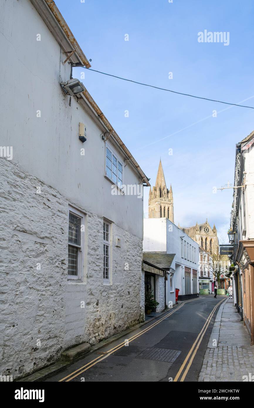 The historic narrow Quay Street in Truro City centre in Cornwall in the ...