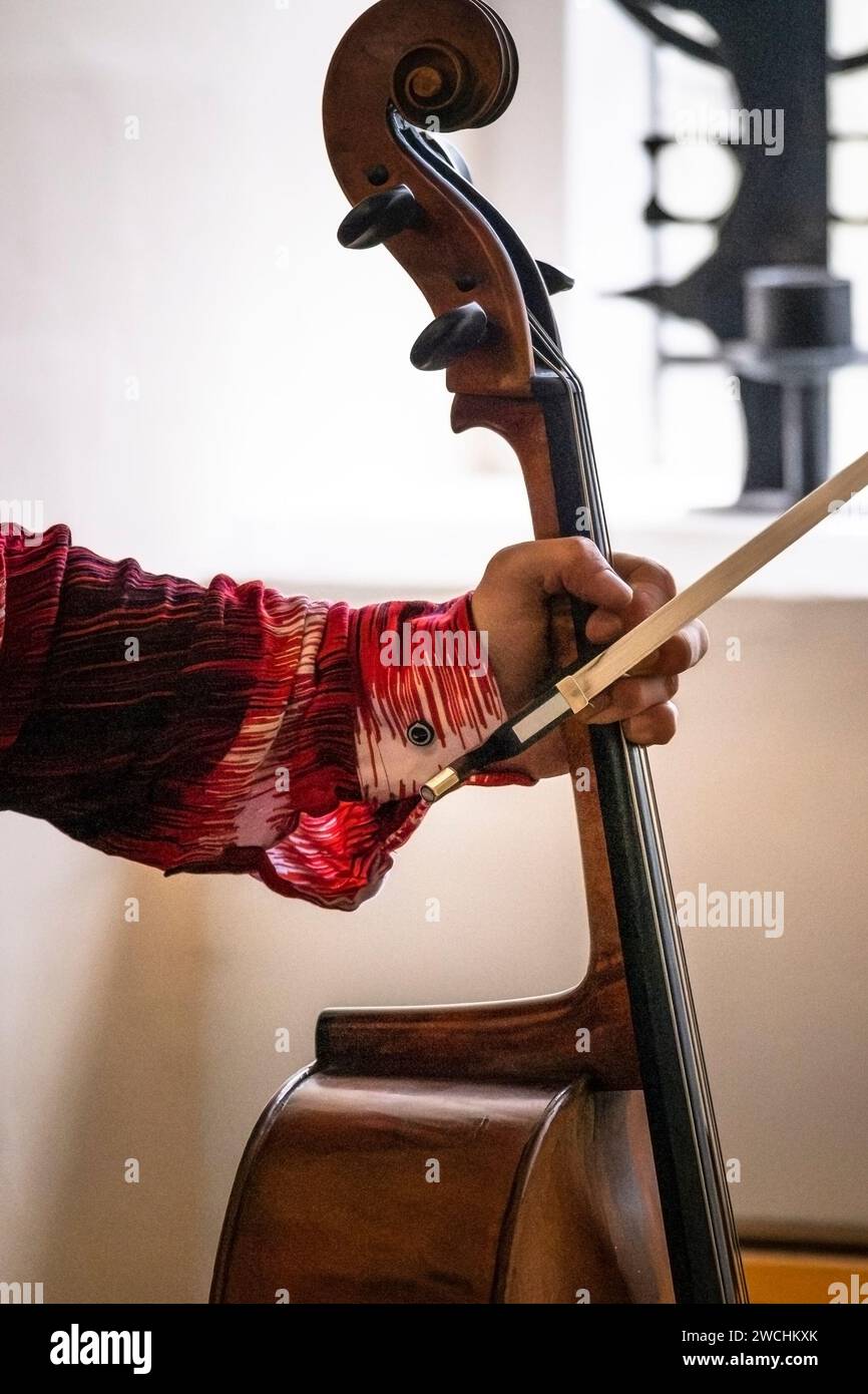 The hand of a musician holding a cello and a bow Stock Photo - Alamy