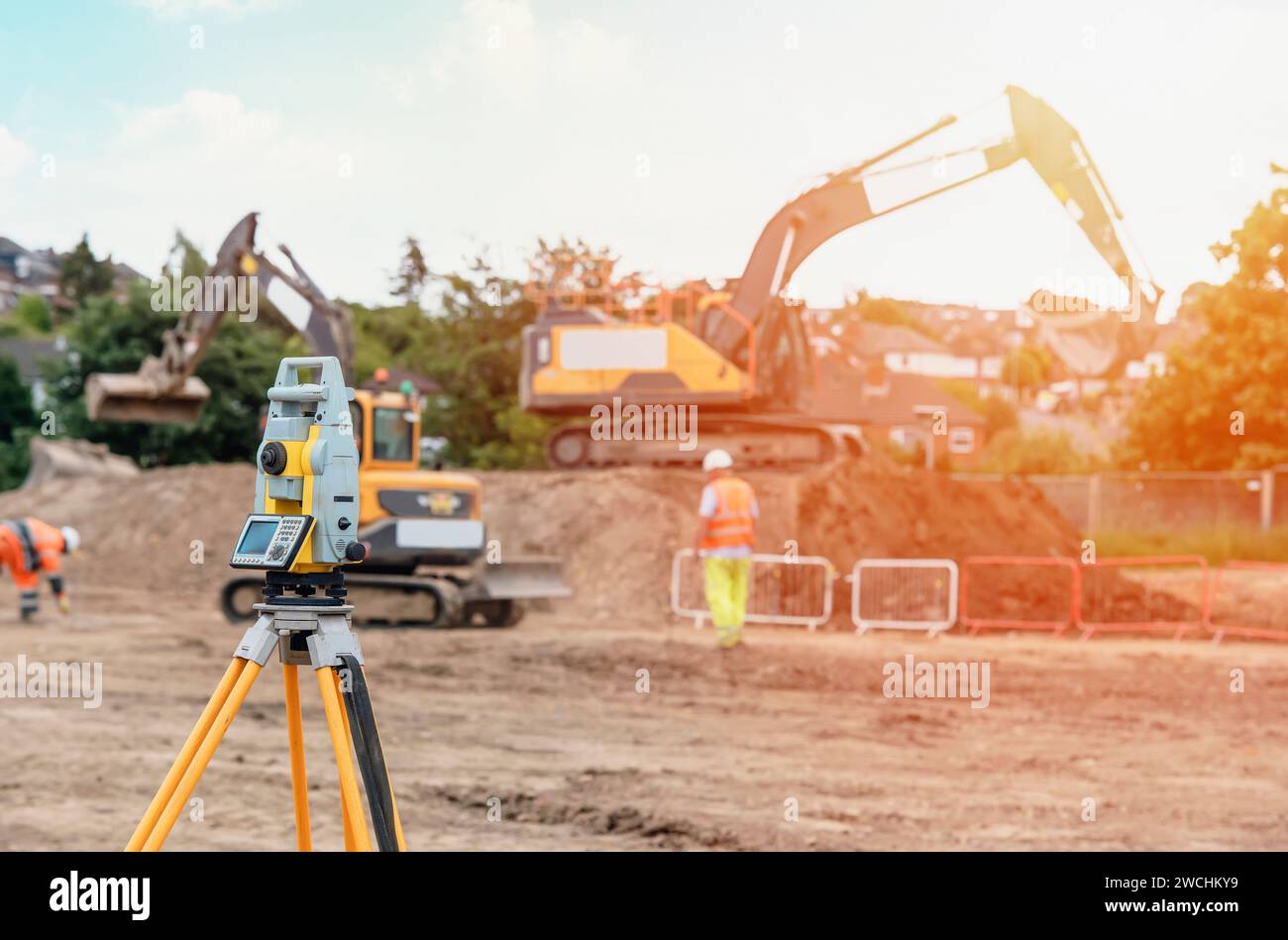 Surveyor equipment EDM tacheometer theodolite set on the tripod ...