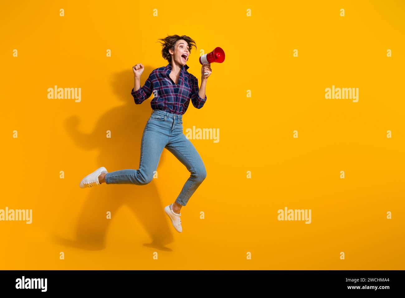 Full size photo of attractive eccentric girl jumping scream in ...