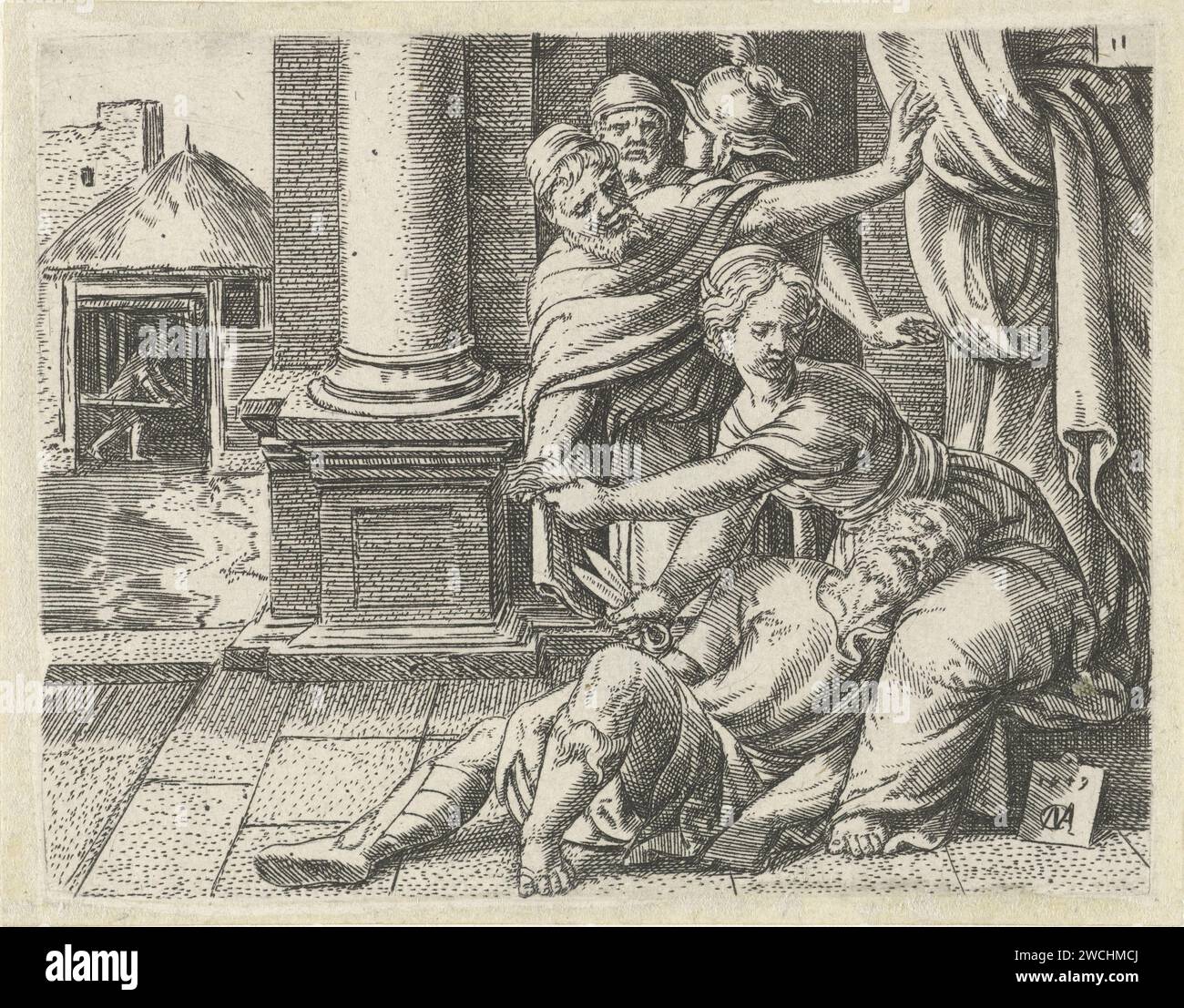 Simson en delila, Cornelis Massijs, 1549 print Simson is with his head ...