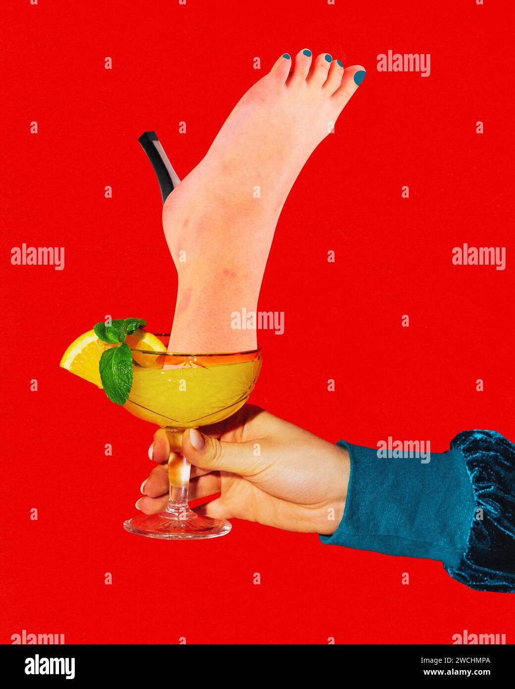 Contemporary art collage. Unusual Indulgence. Hand holding glass with ...