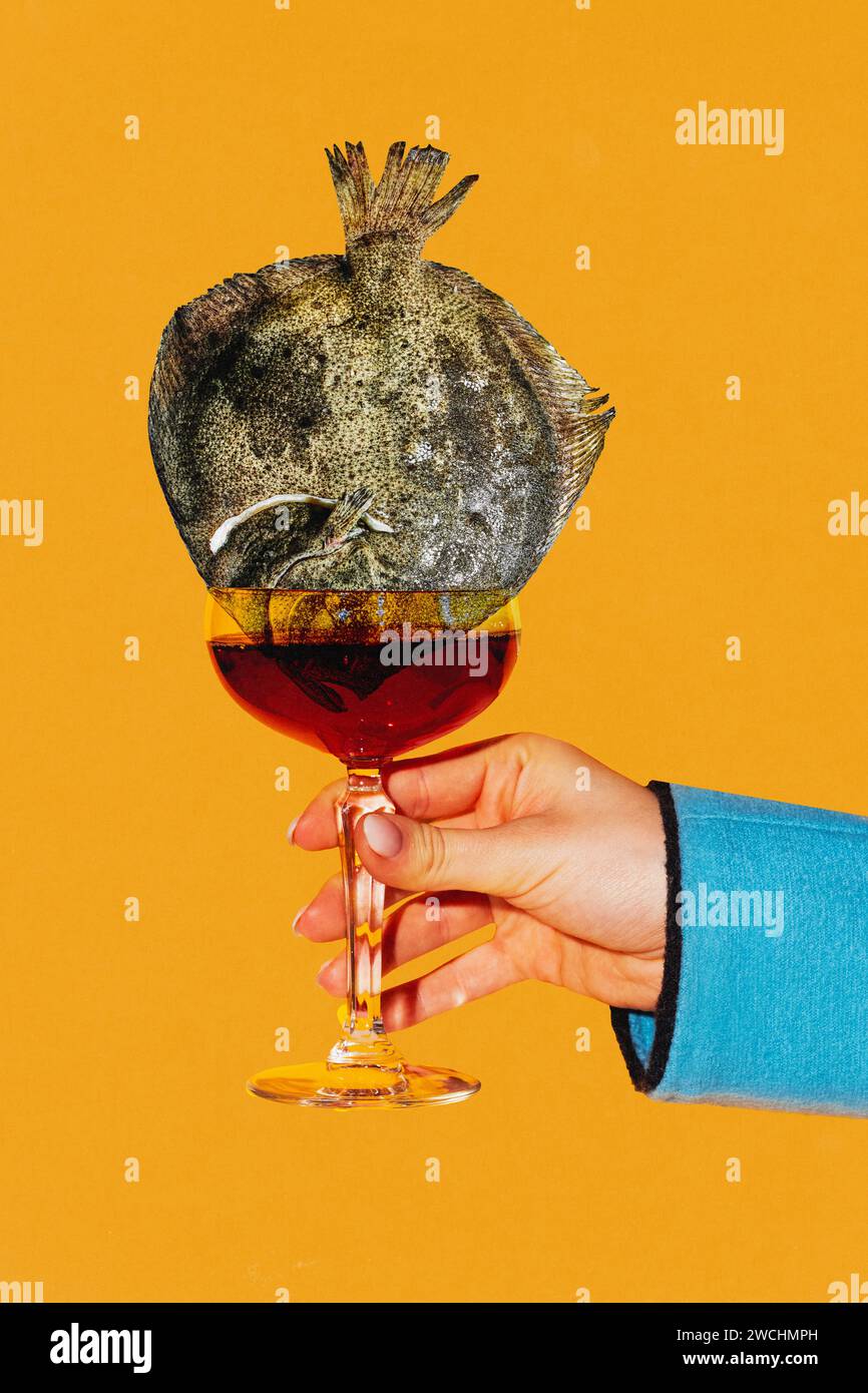 Contemporary art collage. Flounder fish, drinking alcohol cocktail from ...