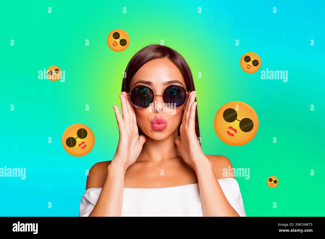 Photo creative collage young pretty stylish girl send kisses lipstick ...