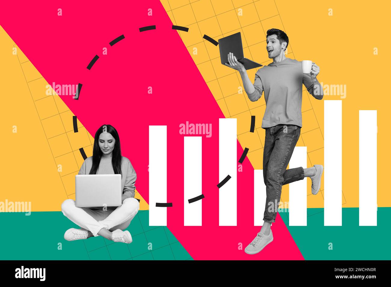 Collage creative illustration monochrome effect excited serious ...