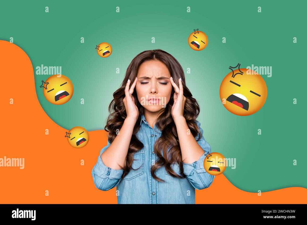 Creative collage photo banner young stressed unhappy girl touch ...