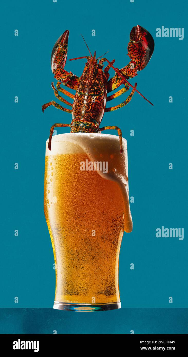 Contemporary art collage. Singer Lobster. Lobster sitting on top of ...