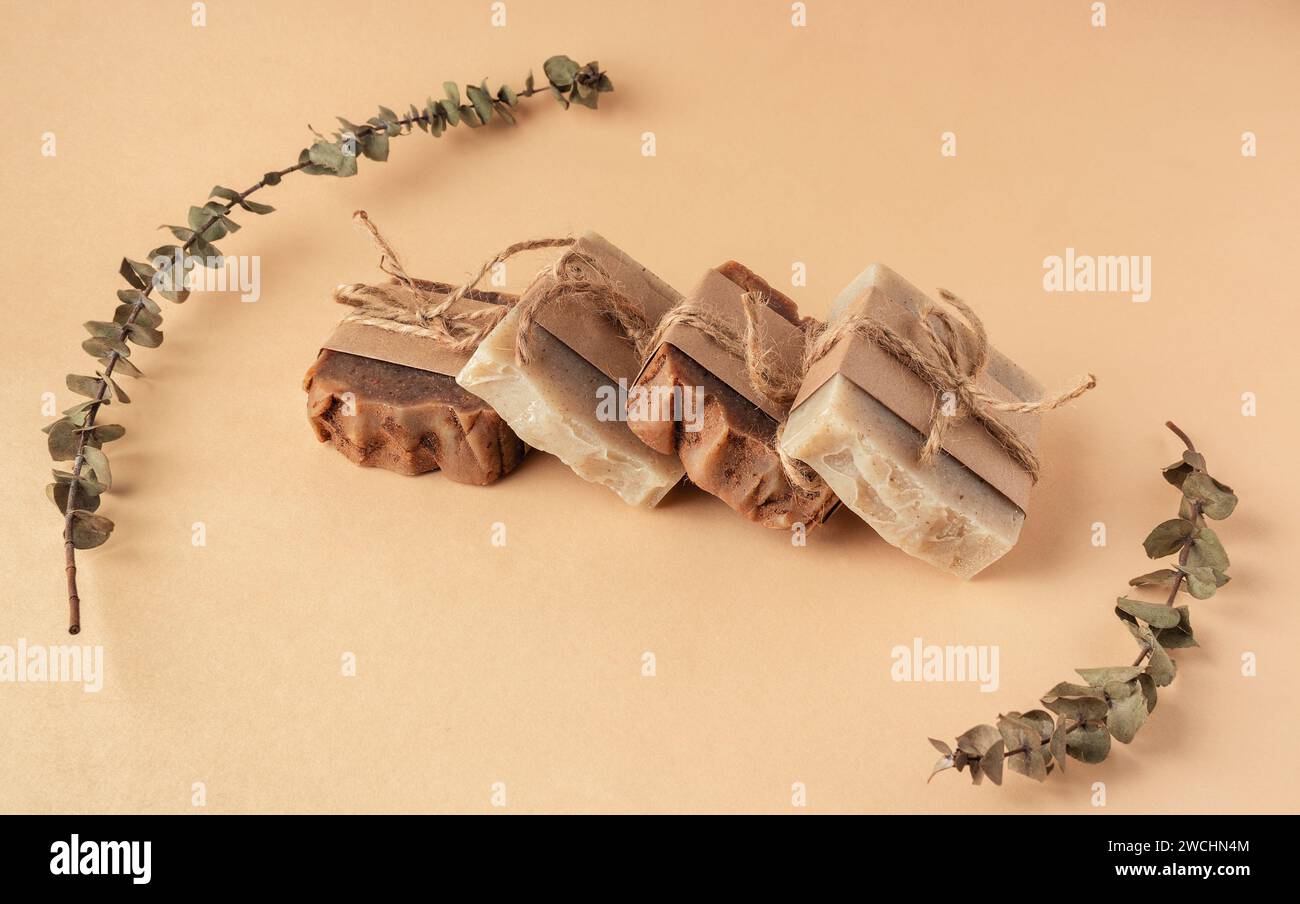 Organic handmade soap bars on powdery color background. Top view Stock ...