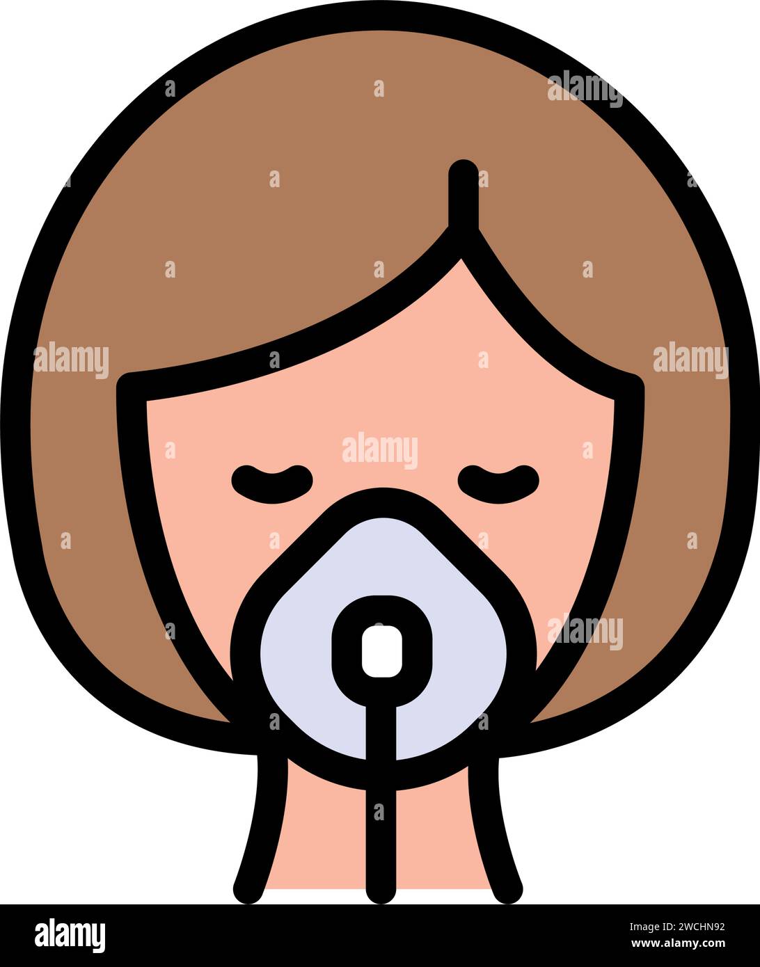 Woman in oxygen mask color icon. Aerosol breathing lung machine treatment icon. Simple ...