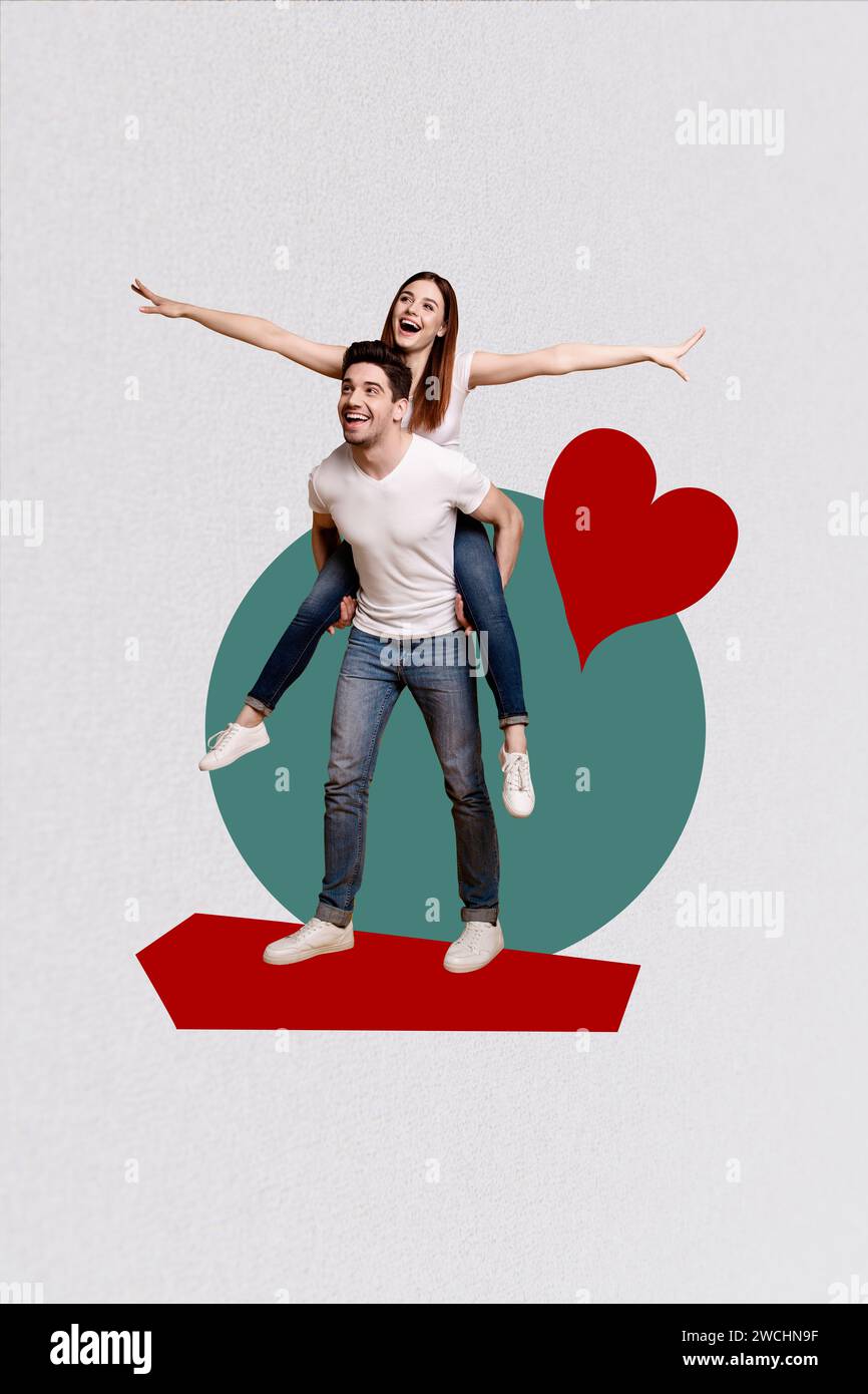 Vertical creative collage image of couple piggyback hands fly valentine ...