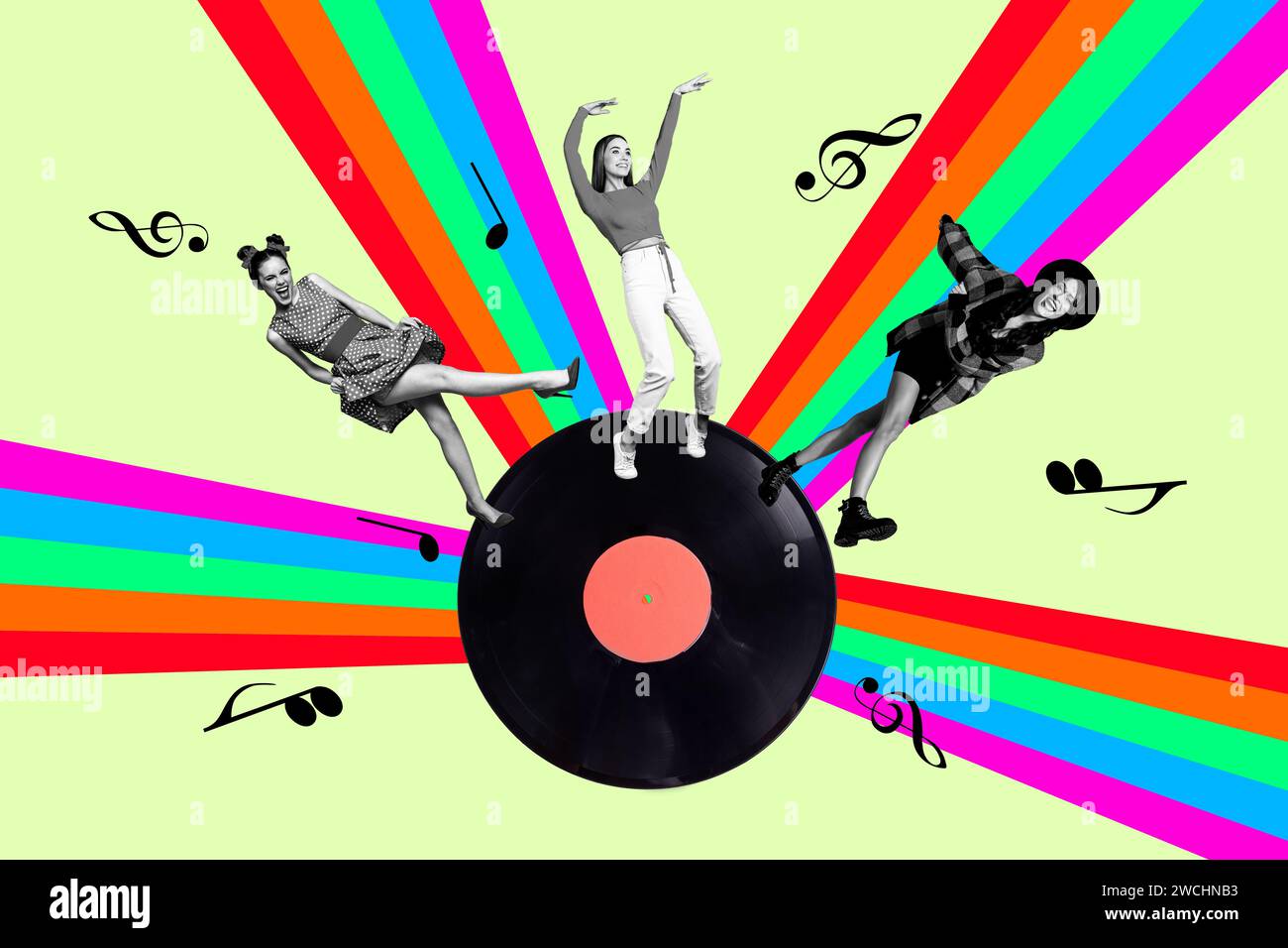 Creative collage picture dancing three ladies young friends company ...