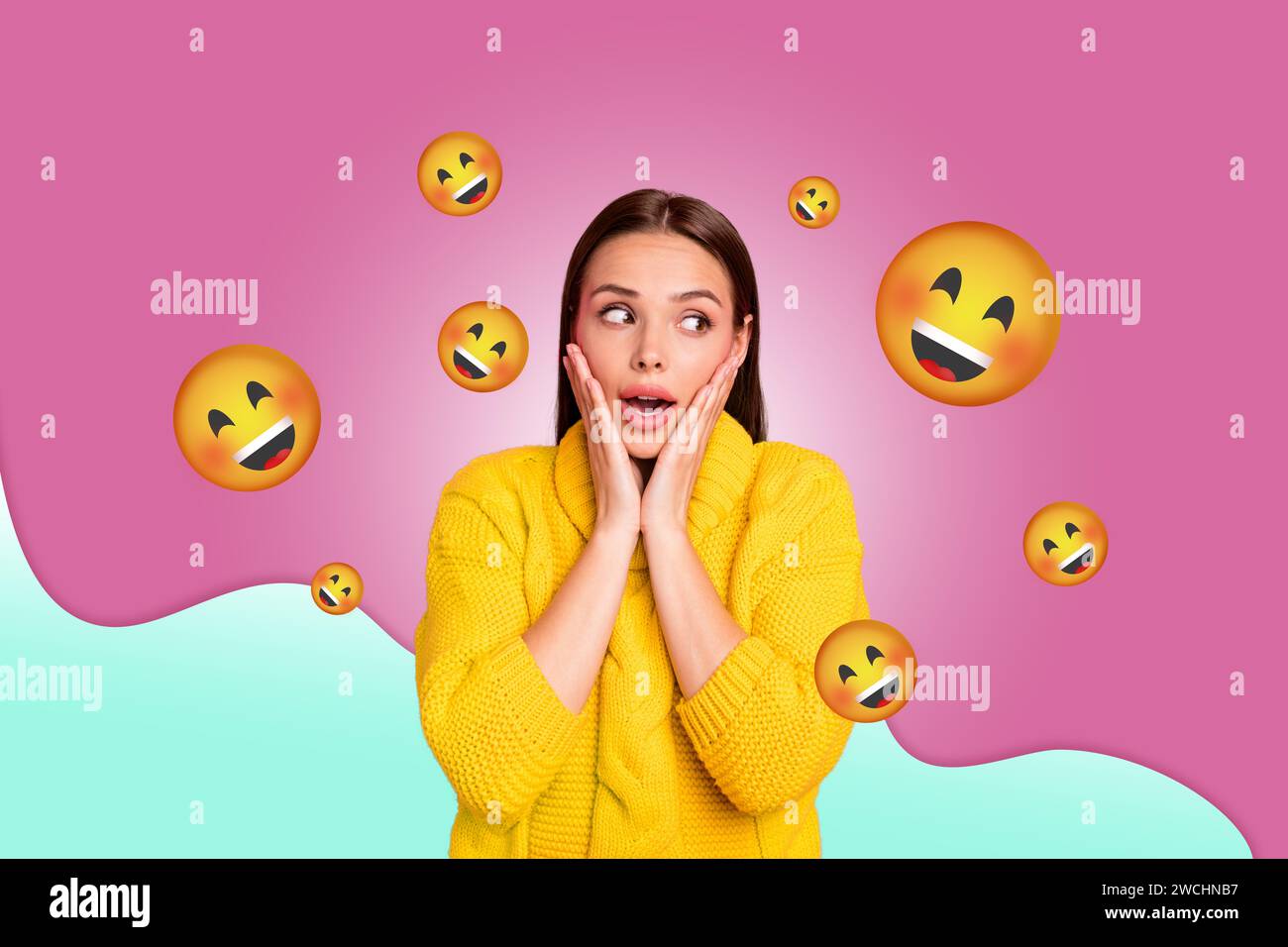 Creative collage photo picture young shy enamored girl show amazed ...