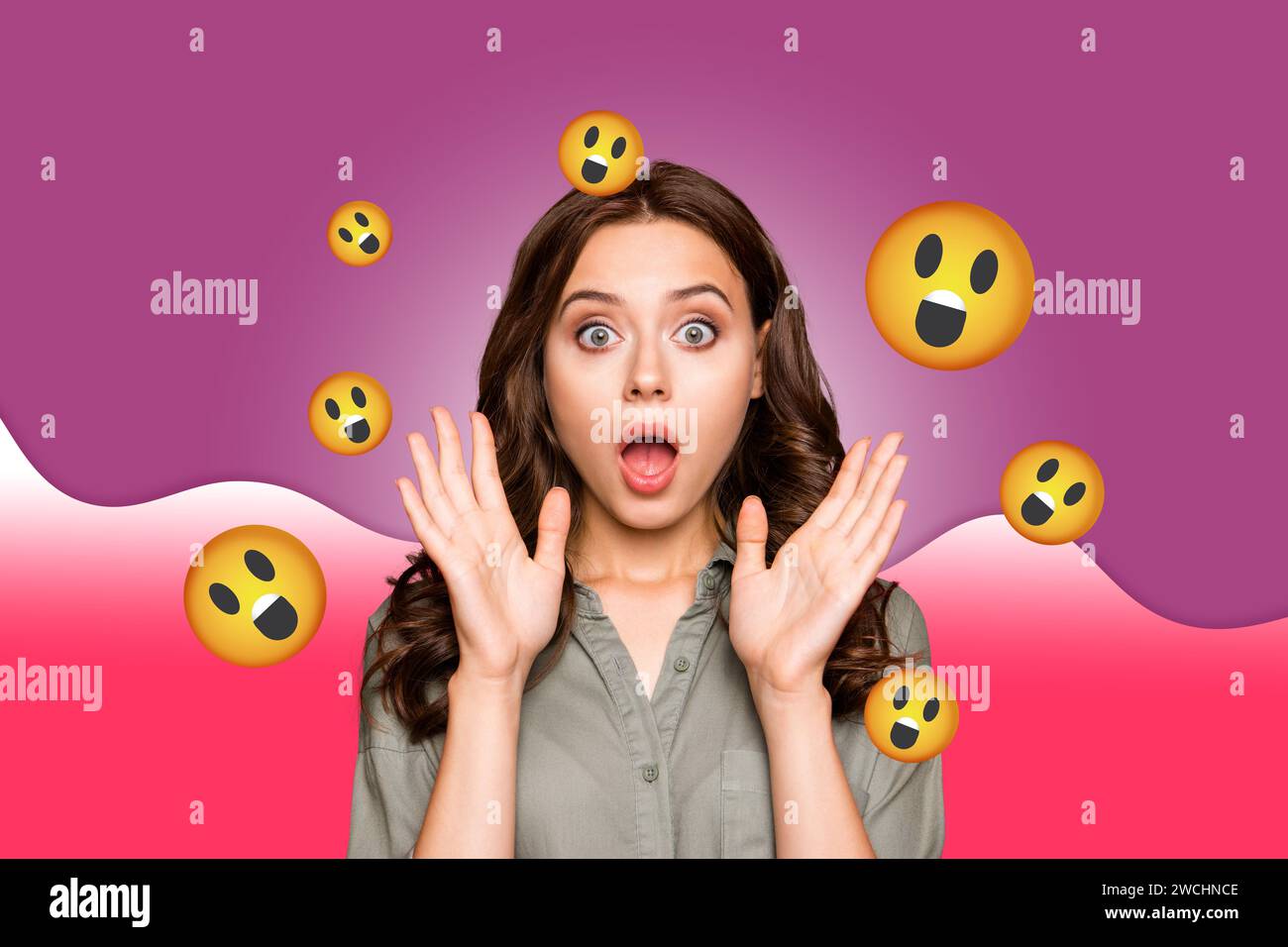 Photo collage poster banner young beautiful impressed shocked ...