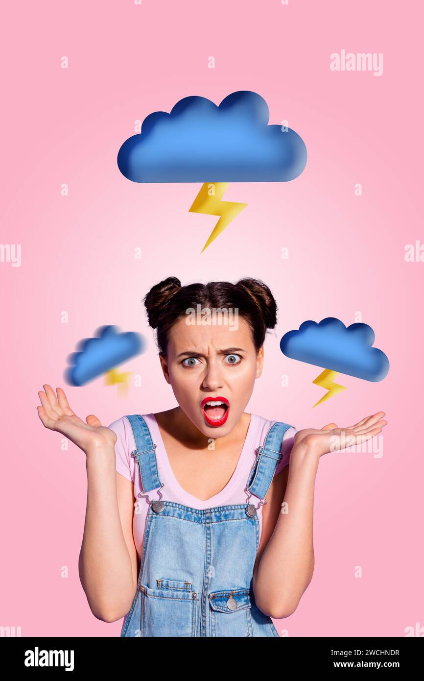 Vertical collage young irritated annoyed girl showing negative emotion ...