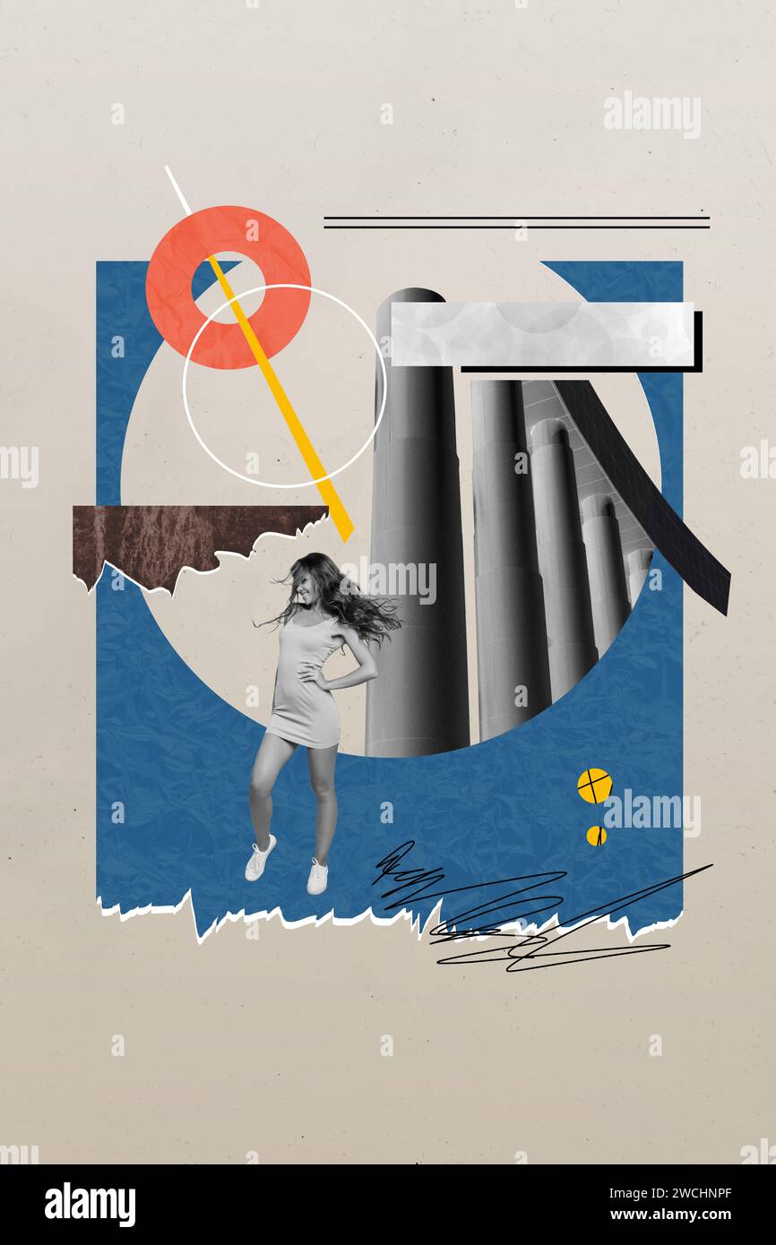 Vertical creative collage poster young standing girl posing photo ...