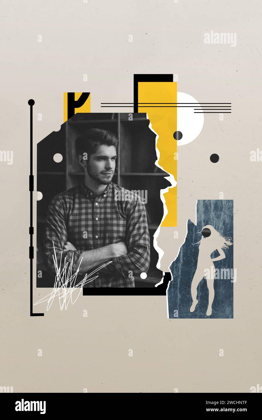 Vertical creative collage picture standing young smiling posing man ...