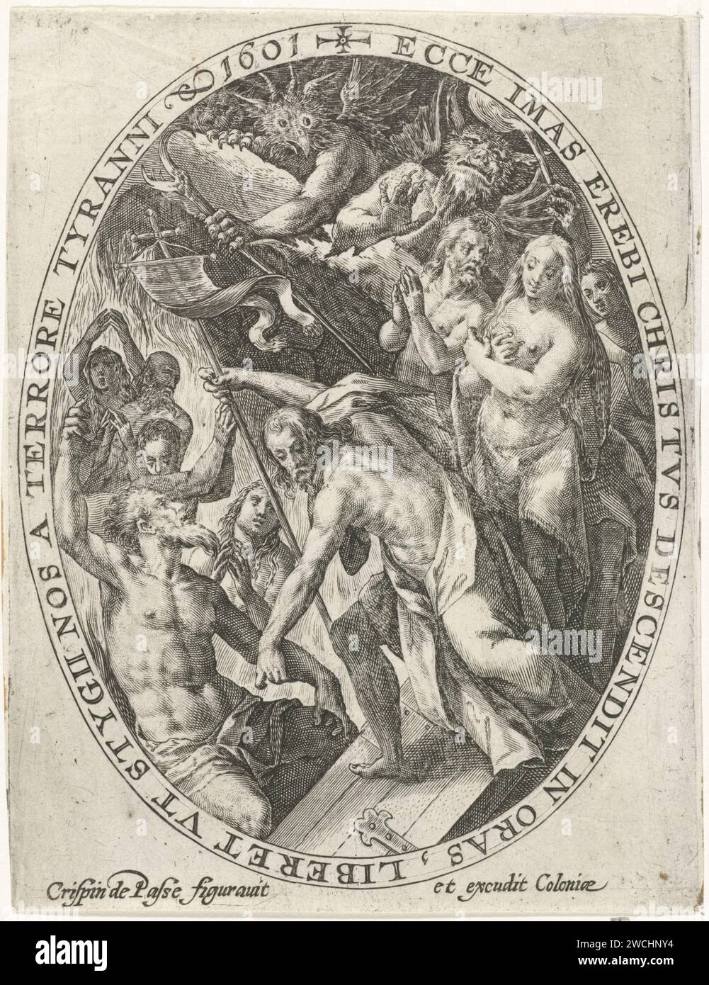 Christ in the borgest, Crispijn van de Passe (I), 1601 print After his death, Christ descends ...
