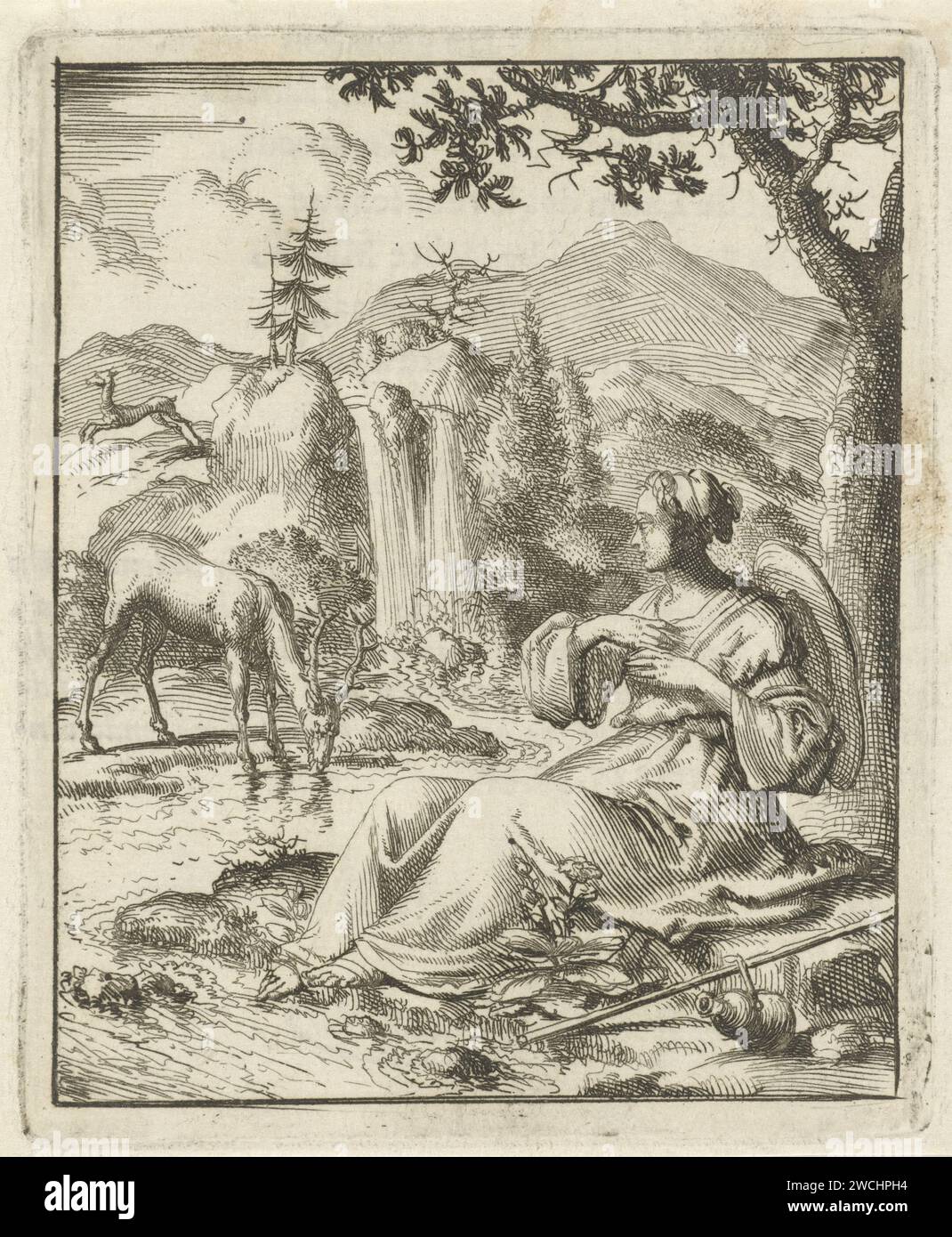 On the banks of a stream a woman sees a drinking deer, Jan Luyken, 1687 ...