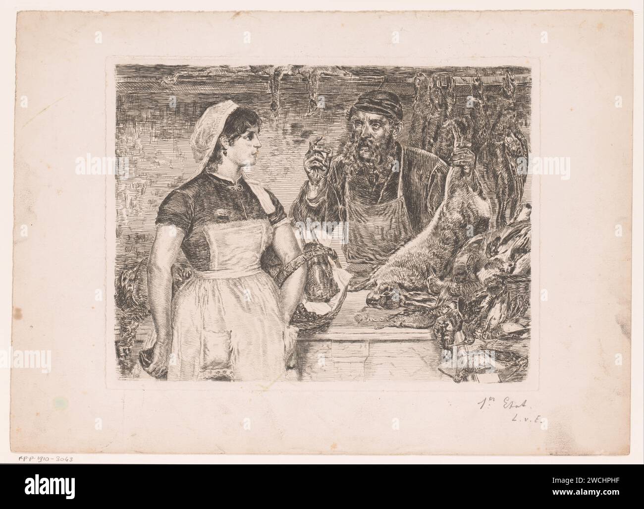 Woman comes to a meat seller in his stall, Louis van Engelen ...