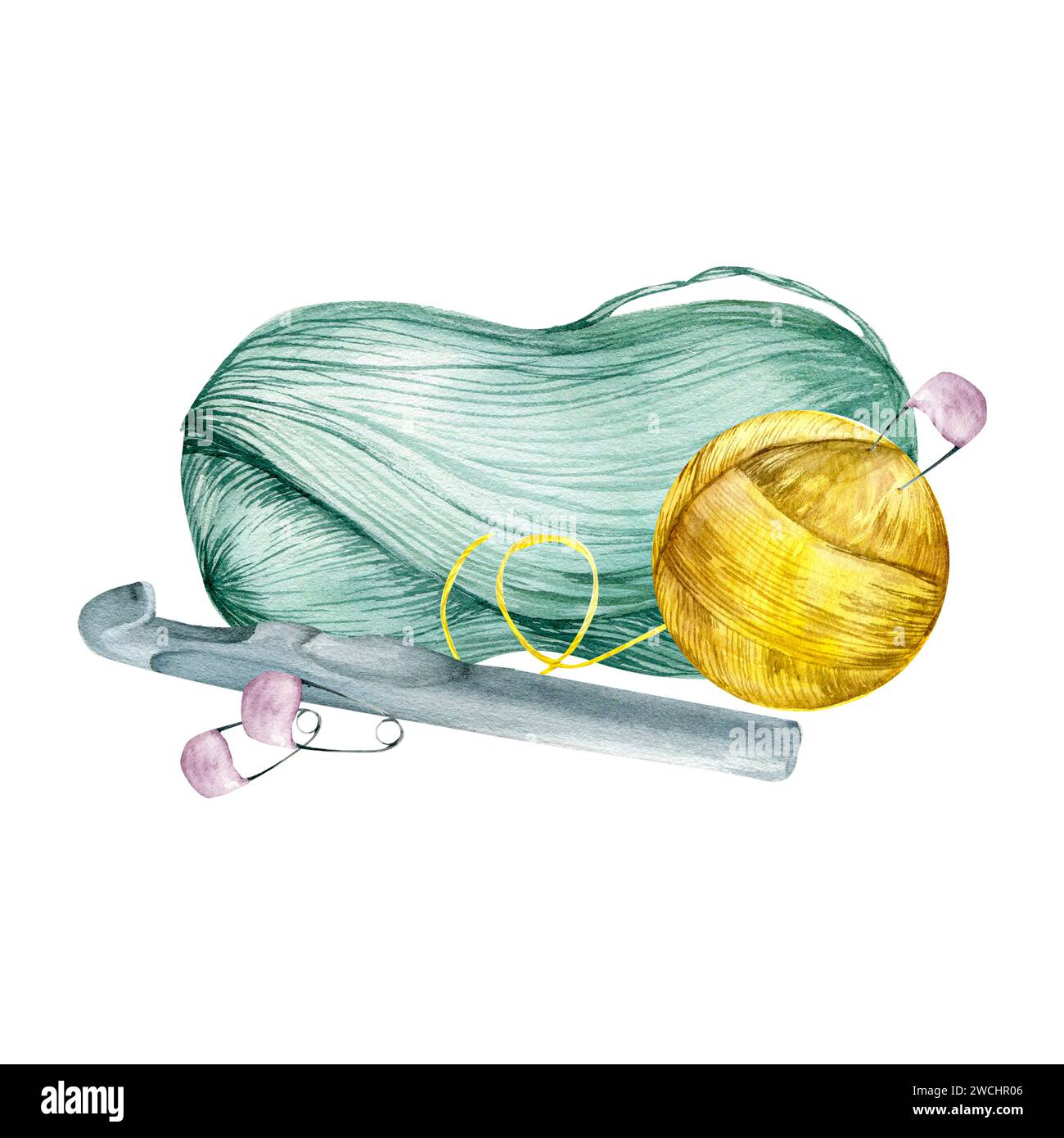 Watercolor hand drawn colorful yarn balls with knitting needles, pins ...