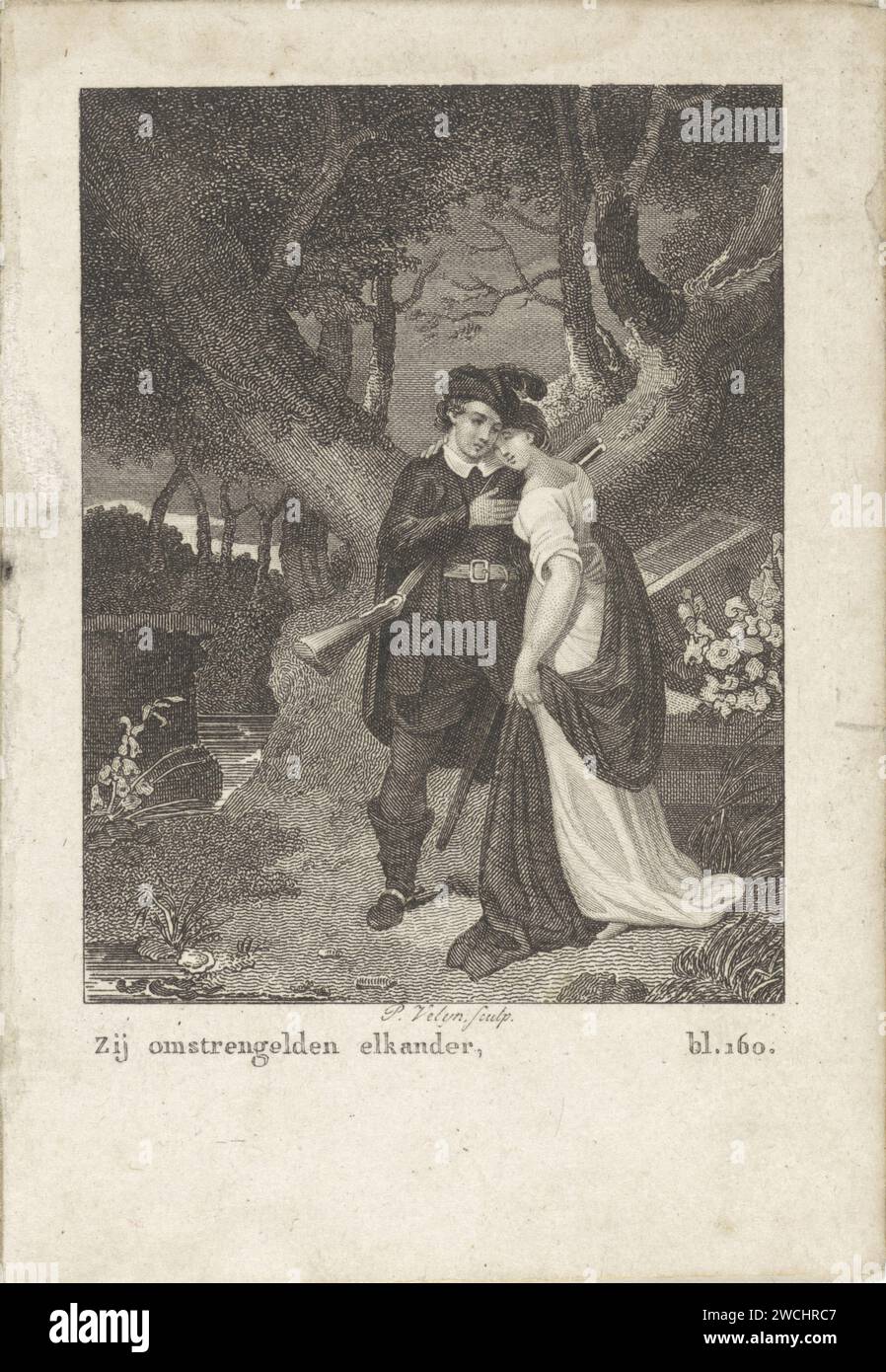 Couple in a forest, Philippus Velijn, 1823 print A hunter and a woman in a hug on a waterfront ...
