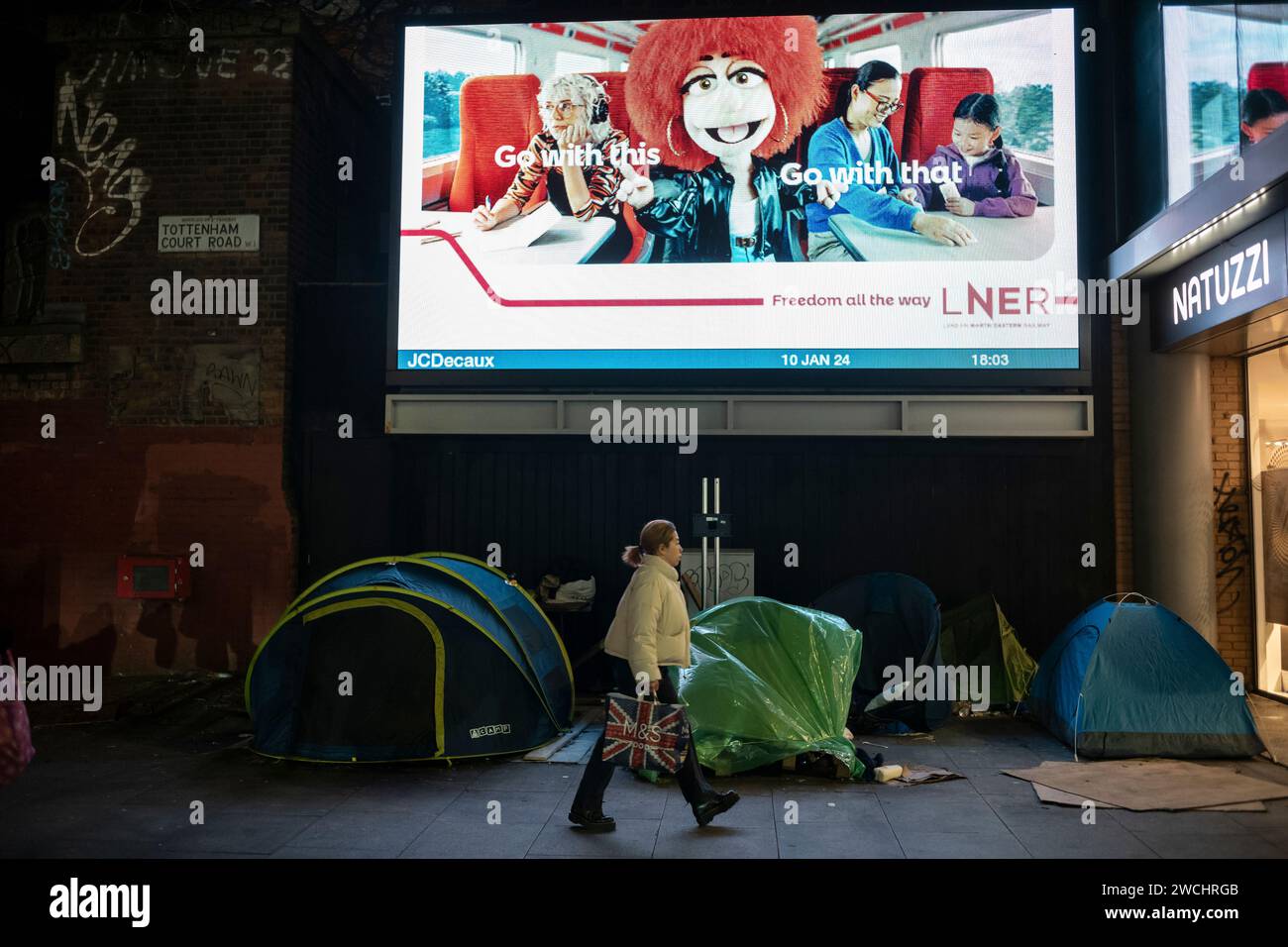 Homeless and rough sleepers tents on Tottenham Court Road, underneath a ...