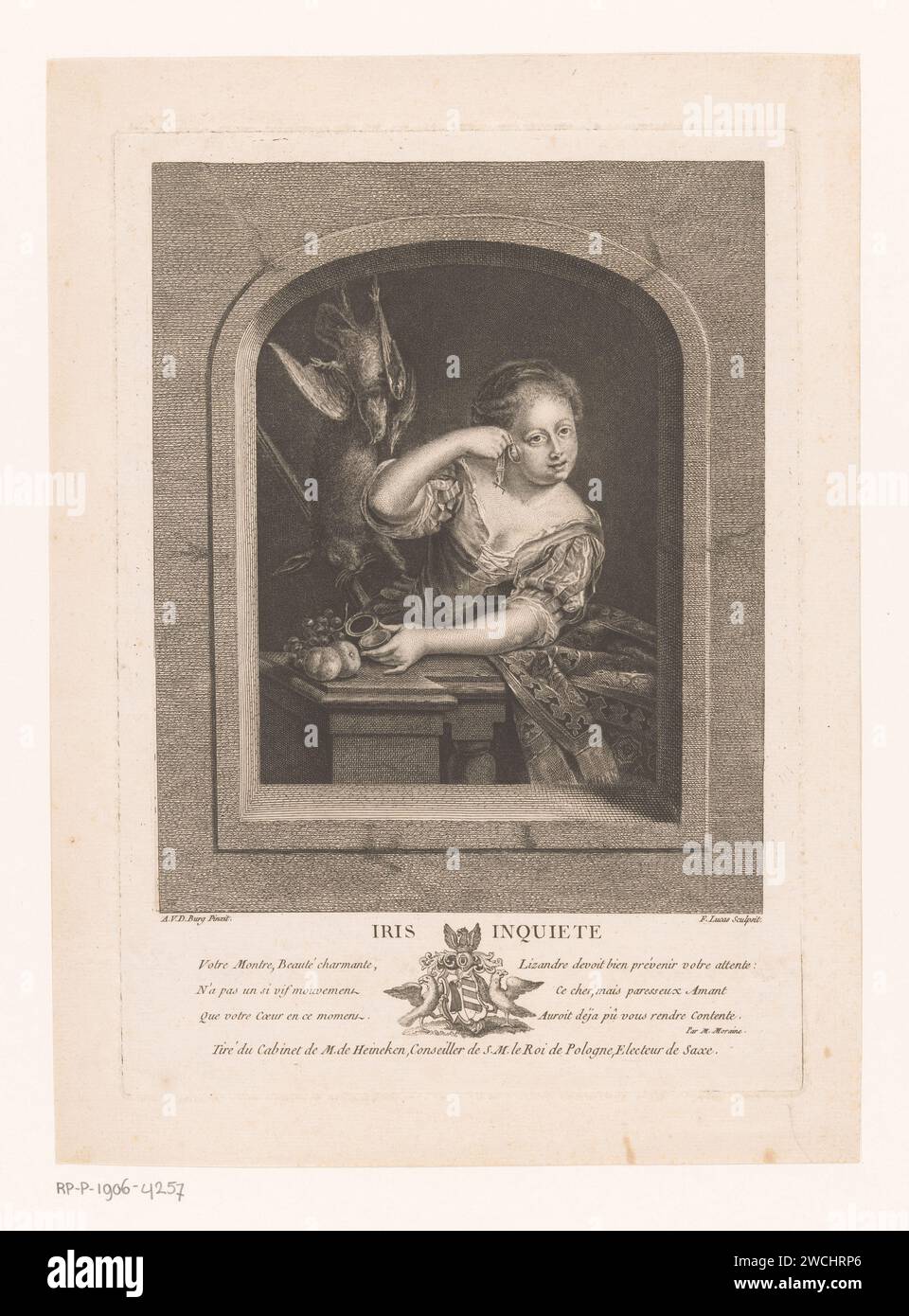 Iris with hunting still life and watch, François Lucas, after A. v.d ...
