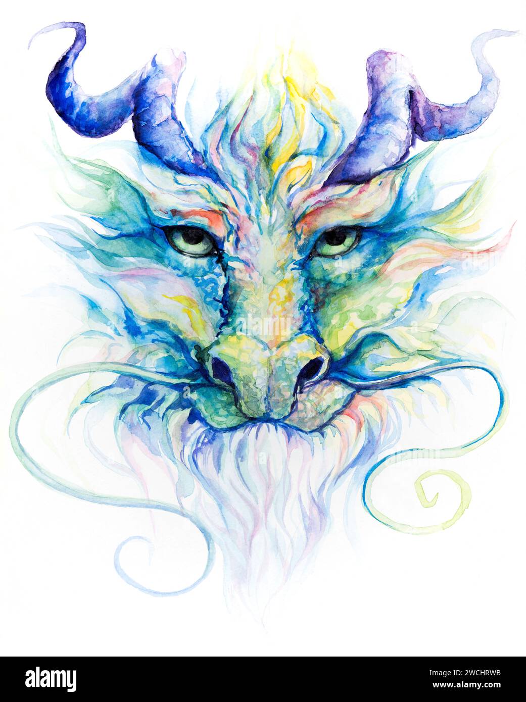 Dragon face colorful paint in watercolor on a white background in a ...