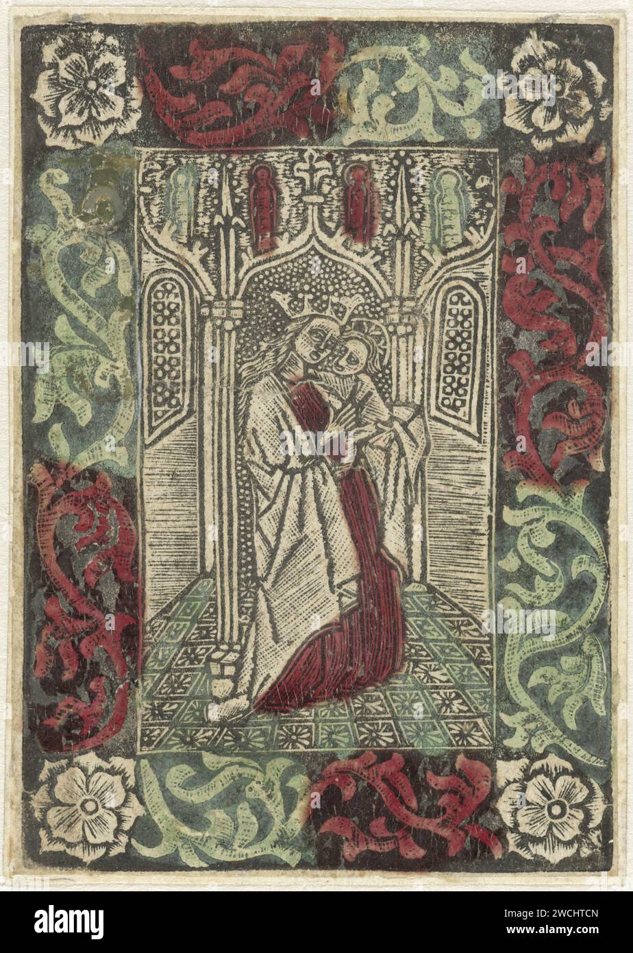 Maria with child standing for Gothic architecture in rectangular frame ...