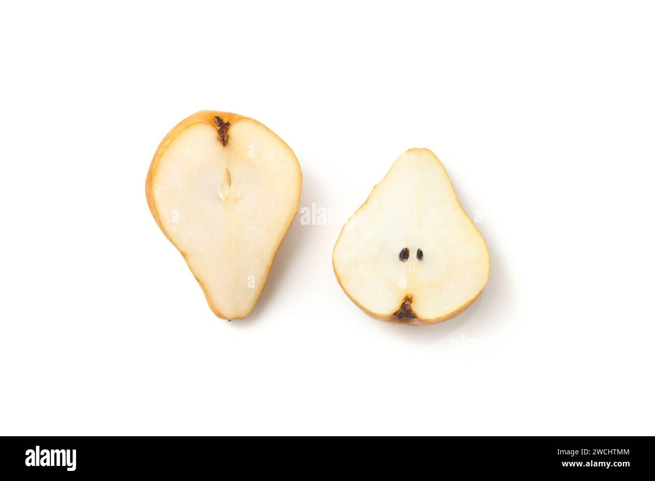 Halves of ripe juicy pear fruit with soft shadow isolated on white ...