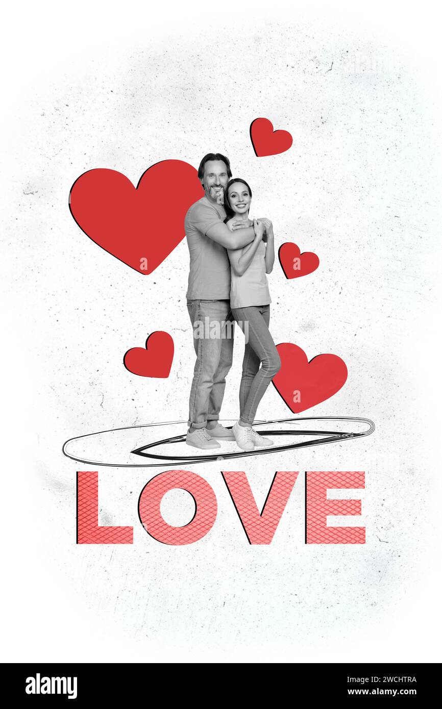 Vertical collage image of two black white effect peaceful partners hug ...