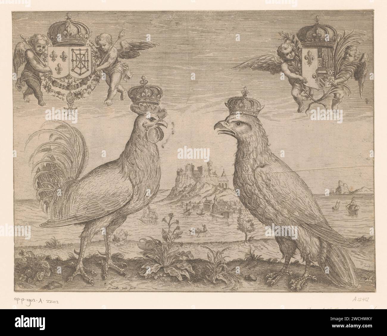 French rooster opposite Spanish raven, Jan Ziarnko, 1585 - 1628 print ...