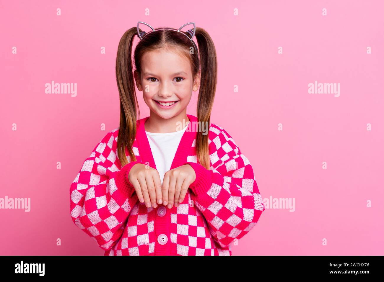 Photo of funky adorable girl with tails hairstyle cat ears dressed ...