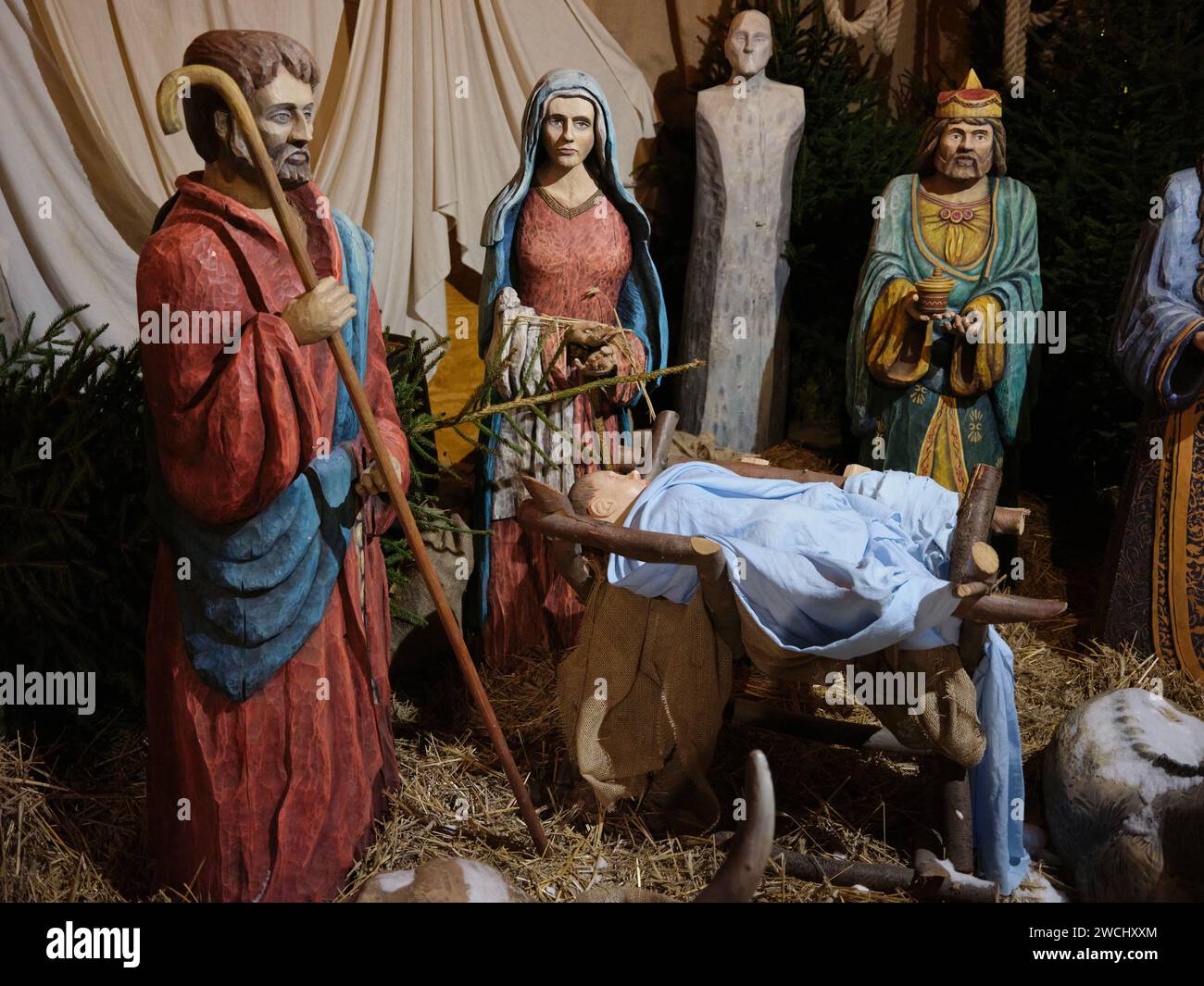 Christmas crib with child Jesus, father Josef and virgin Mary in stable ...