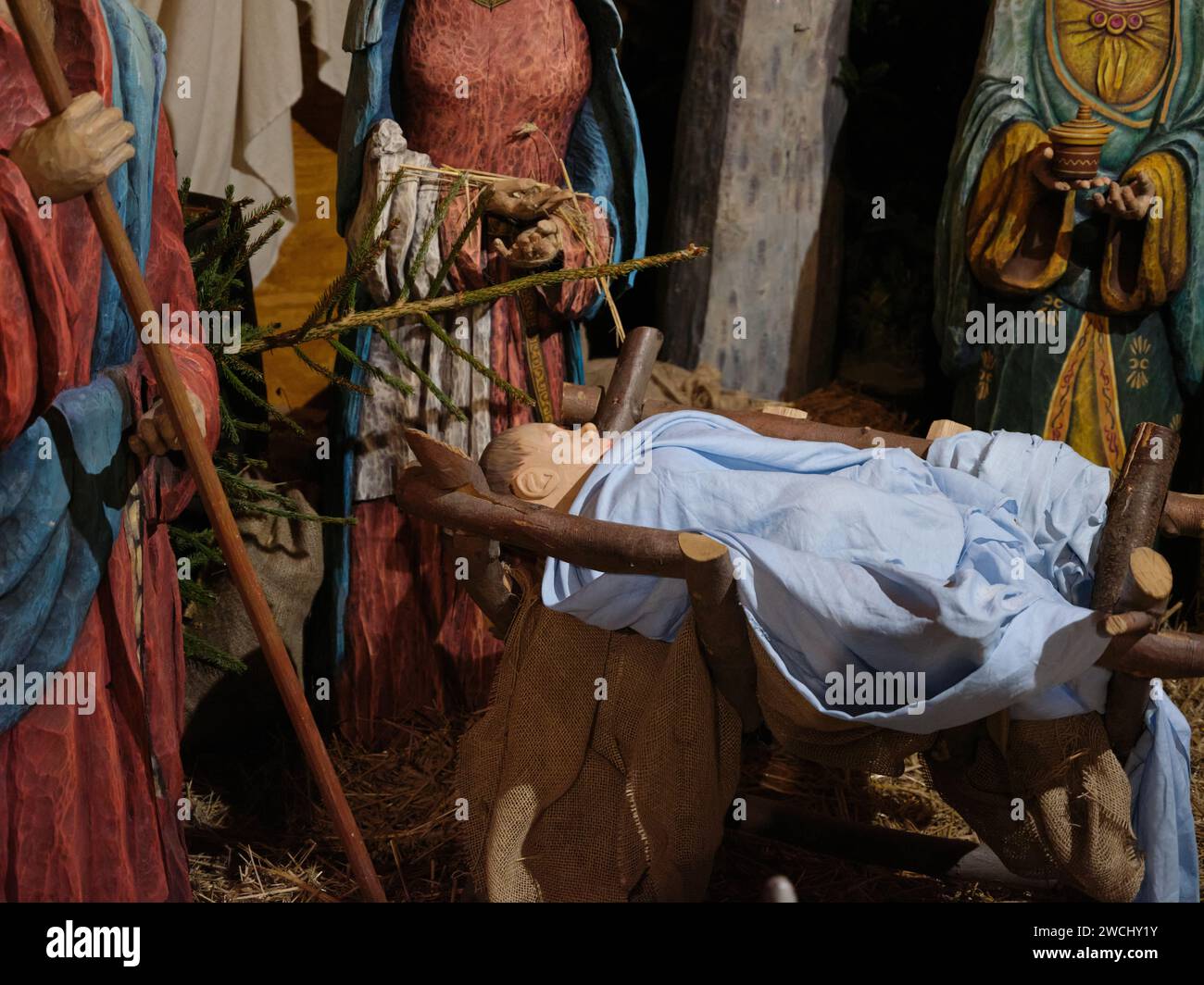 Christmas crib with child Jesus, father Josef and virgin Mary in stable ...