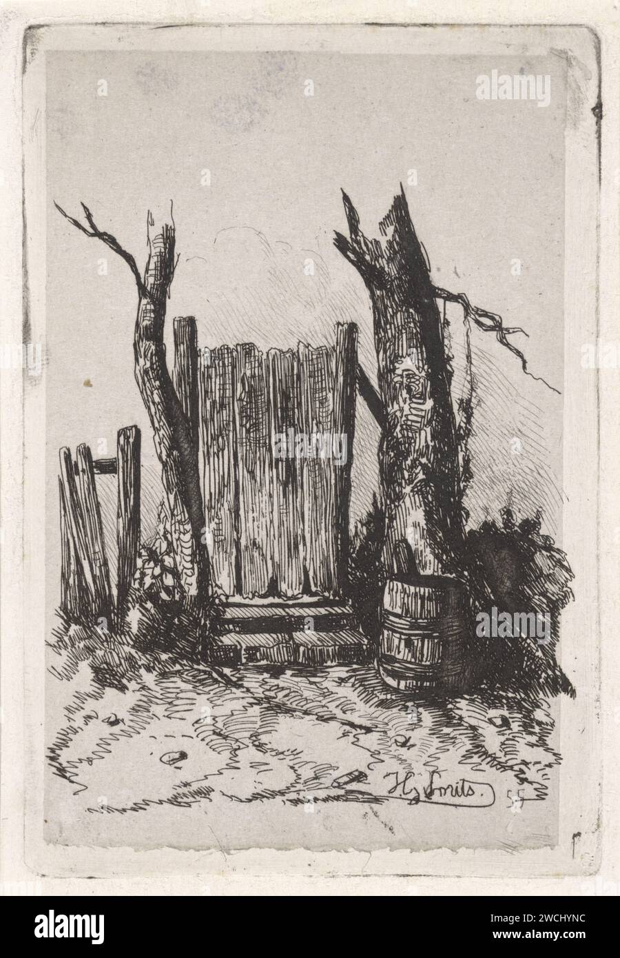 Wooden gate with rain barrel, Jan Gerard Smits, 1855 print The Hague ...