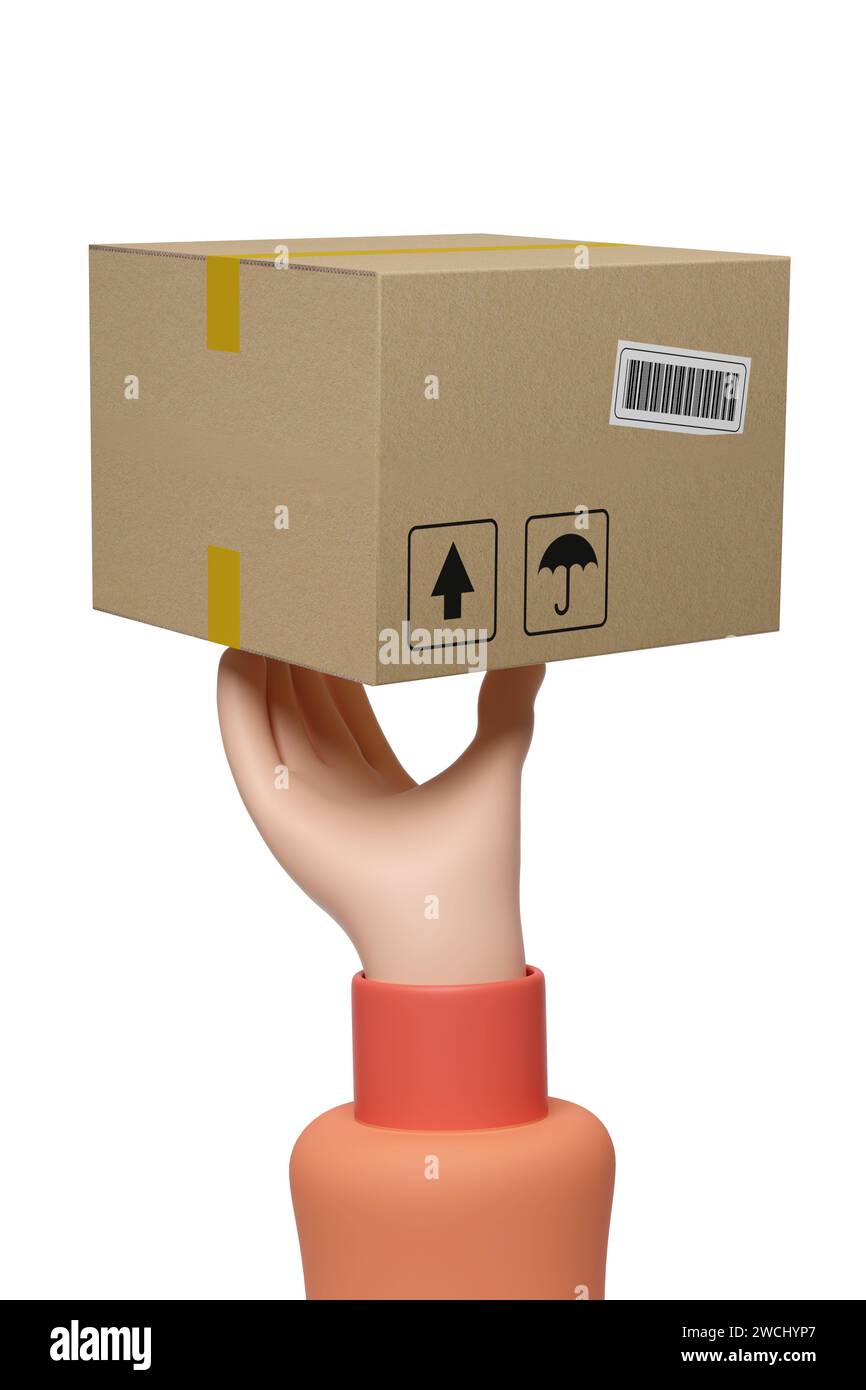 Cartoon hand holding a delivery box. 3d illustration Stock Photo - Alamy