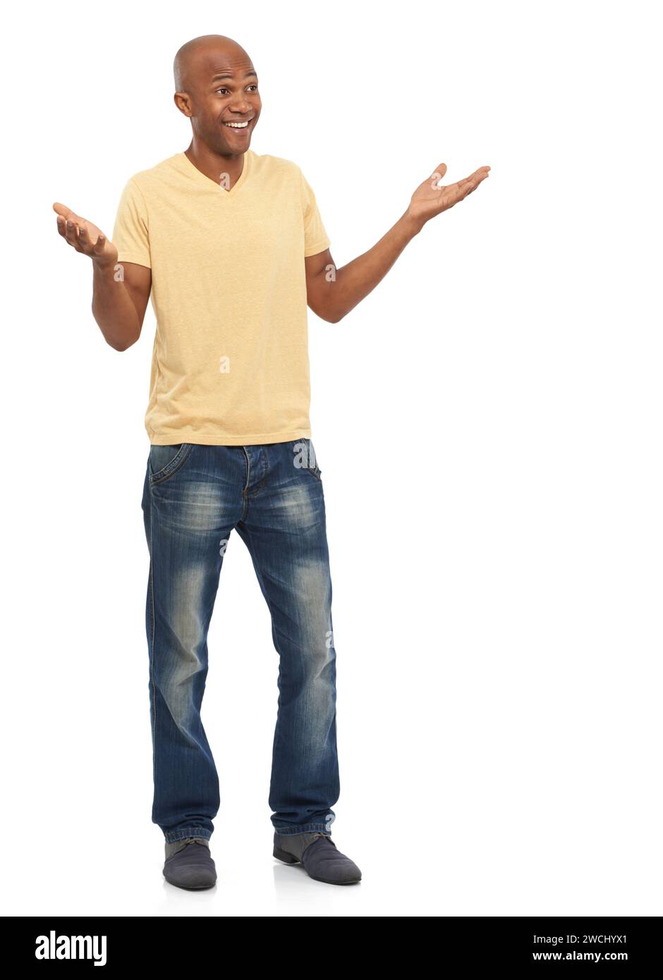 Casual, shrug and thinking with black man, smile and model isolated on ...