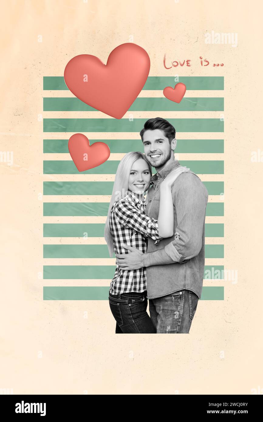 Creative vertical picture collage of happy cheerful couple wife and ...