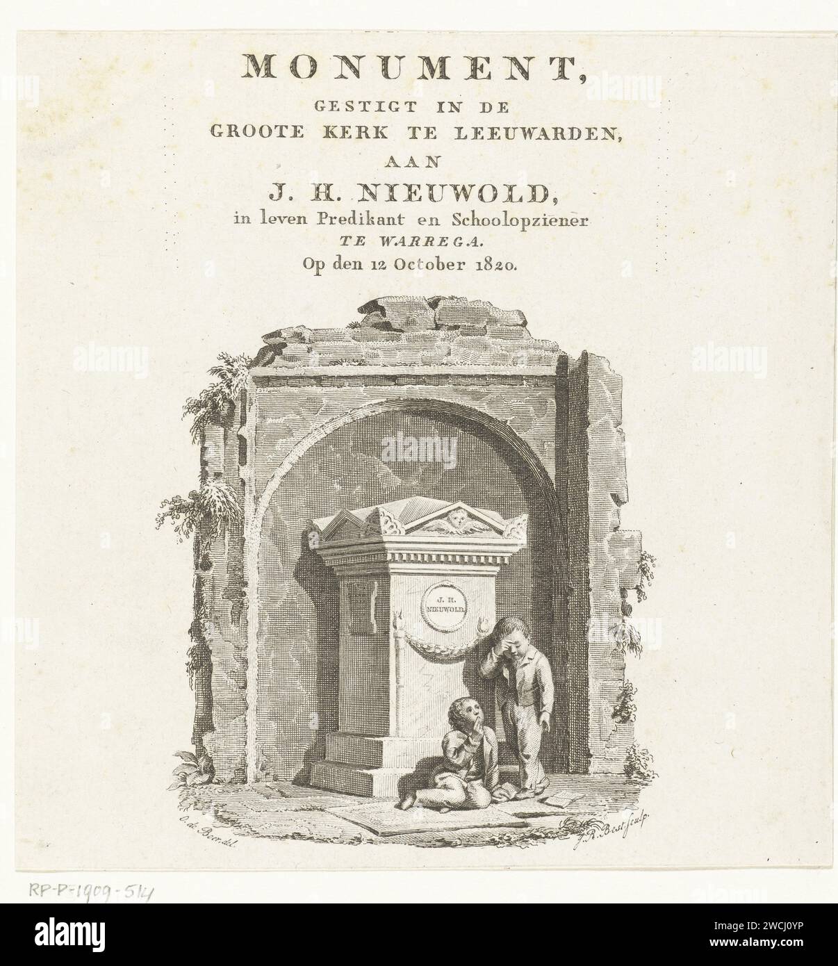 Grave monument for pastor J.H. Nieuwold with two mourning boys for ...