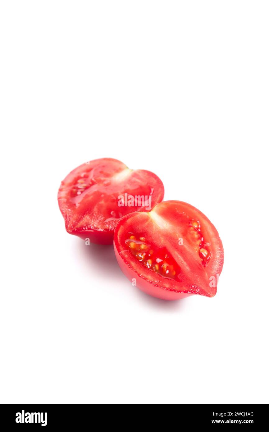 Halves of ripe juicy pink tomato with soft shadow isolated on white ...