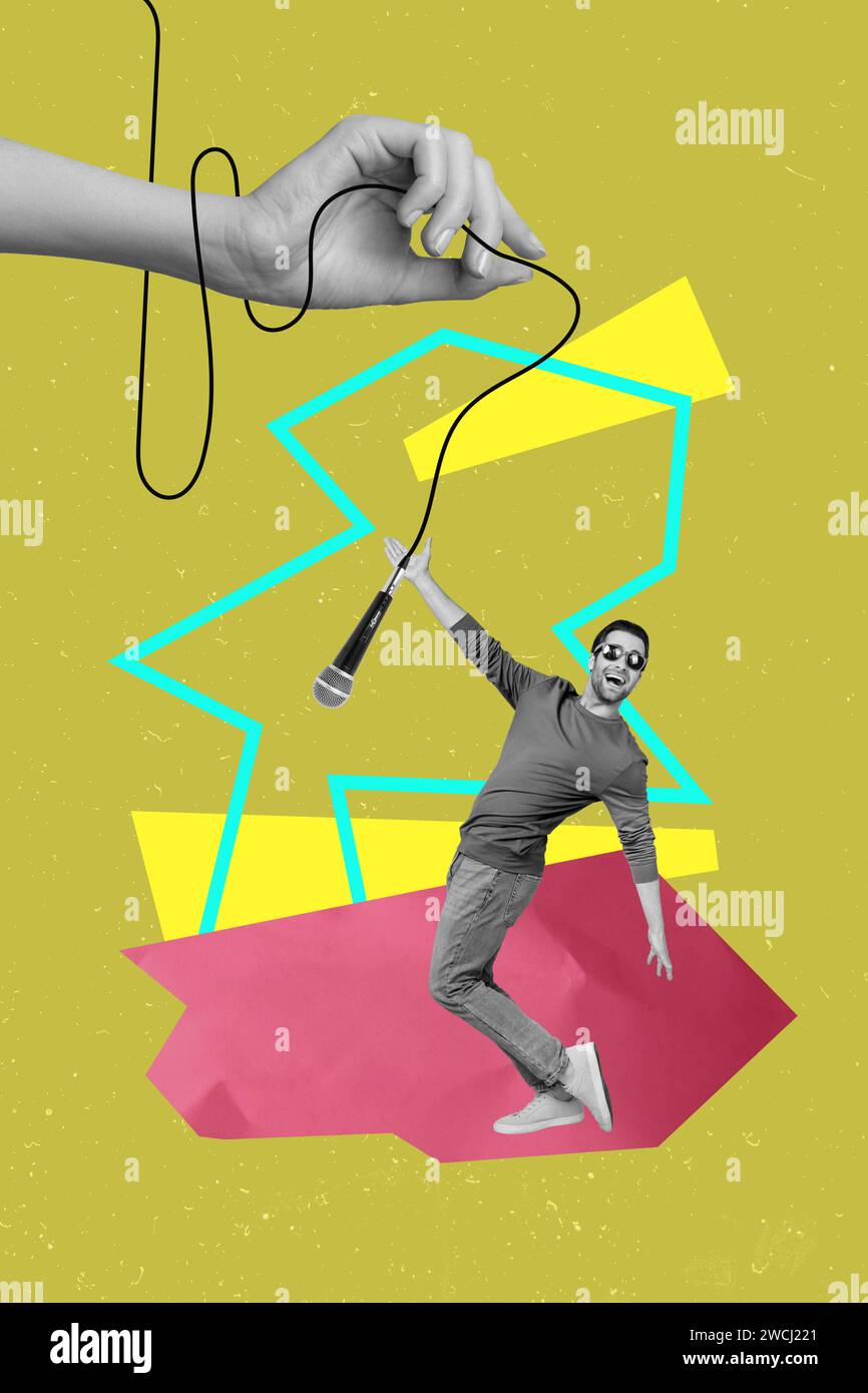 Bright colorful template collage of crazy excited guy pop star give ...
