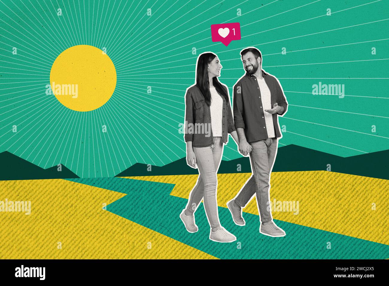 Artwork collage of two black white colors idyllic lovers hold arms walk ...