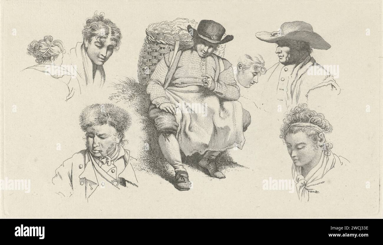 Study sheet with figures and a resting fishmonger with pipe, Jacob ...