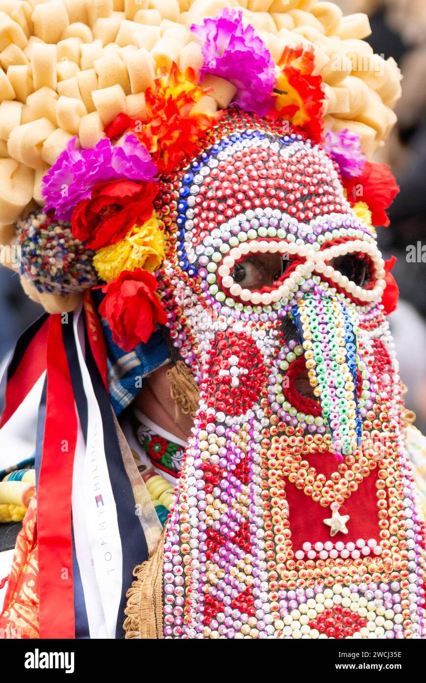 Kukeri dancer wearing intricate mask and costume at the Surva ...