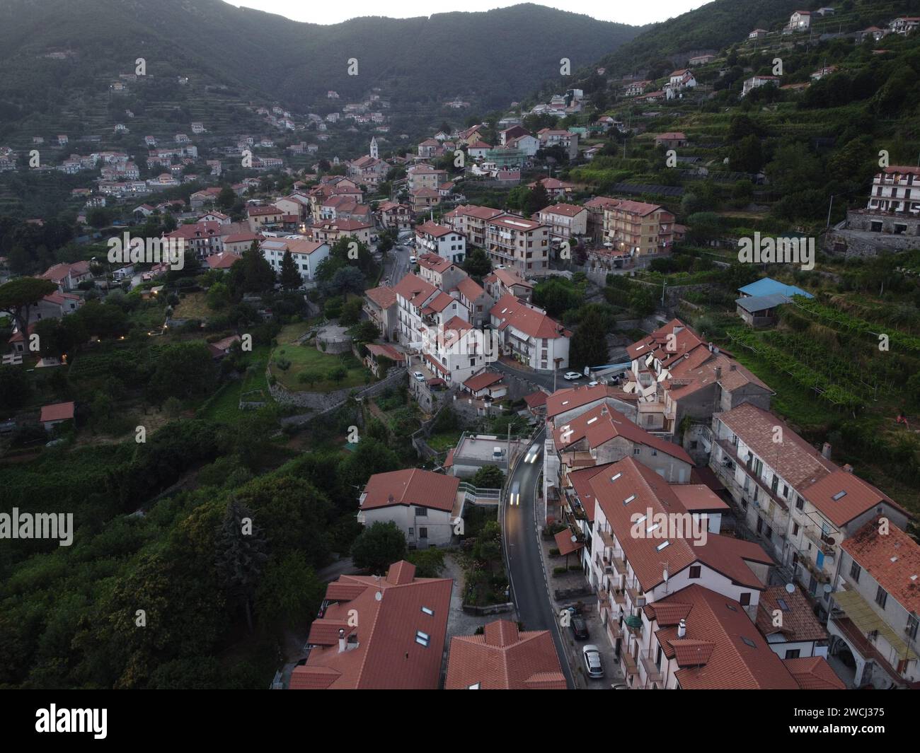 An aerial view of the small and mountainy town of Pianillo, Italy near ...