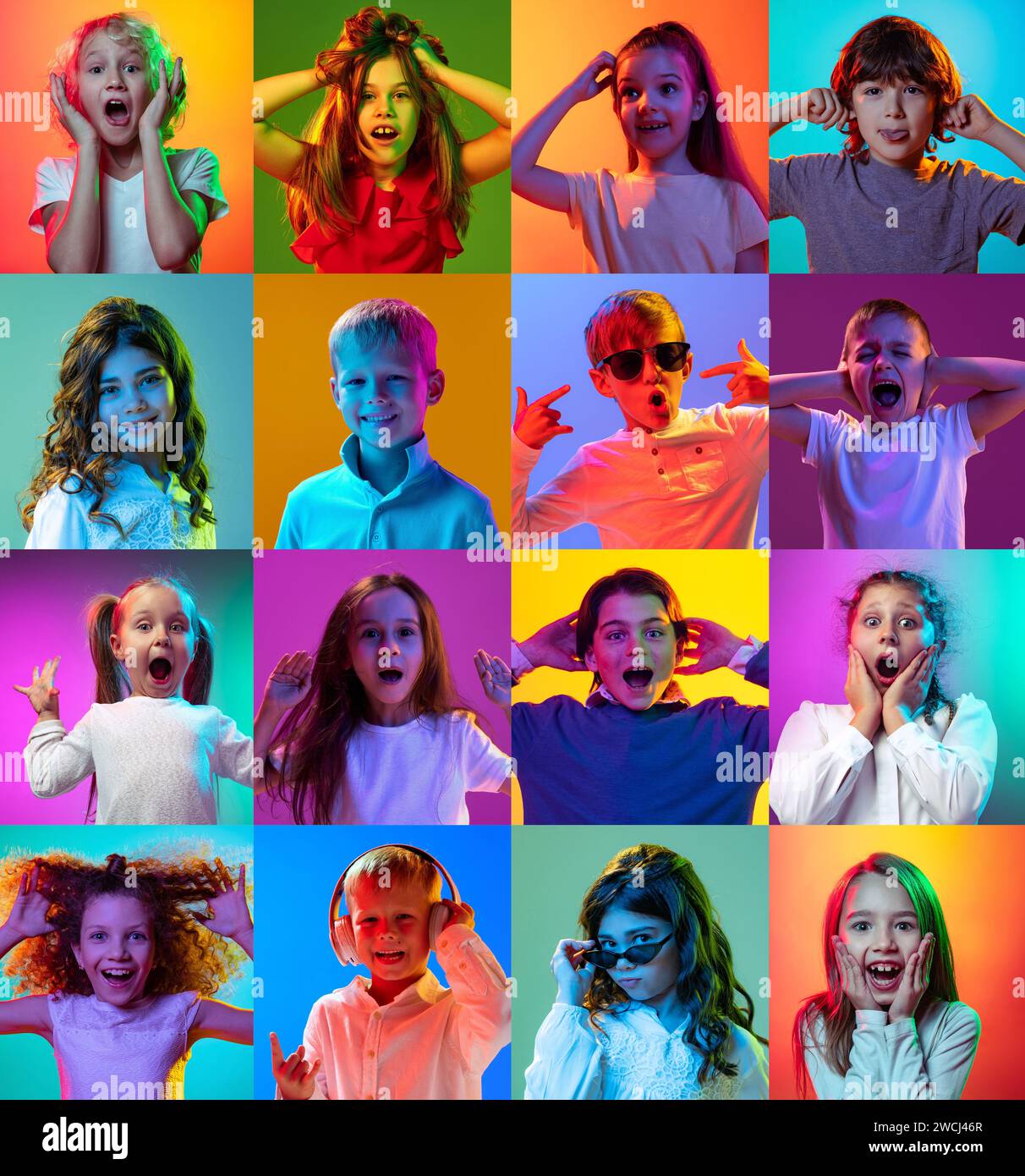 Collage. Portrait of children, little boys and girls, emotional kids ...