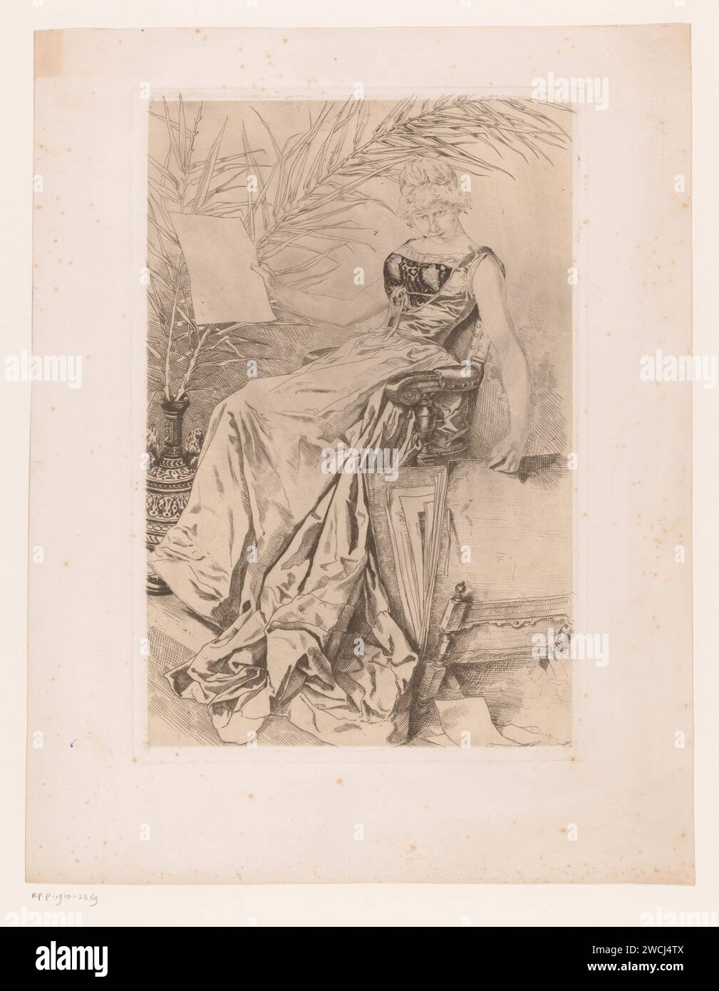 Young woman in a chair browses through a print folder, Willem Geets ...