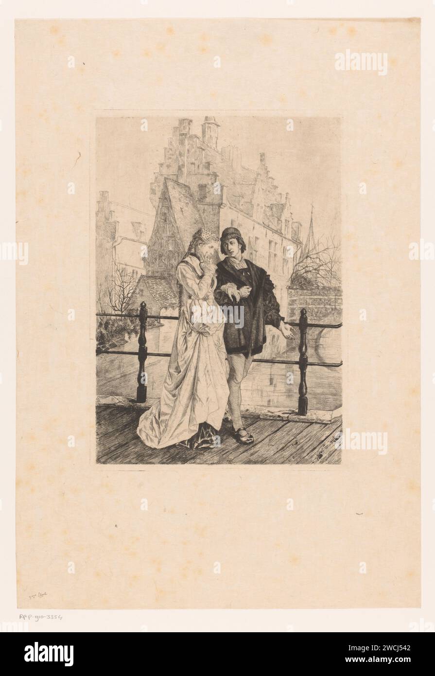 Young couple walks arm in arm over a bridge, Willem Geets, 1875 print ...