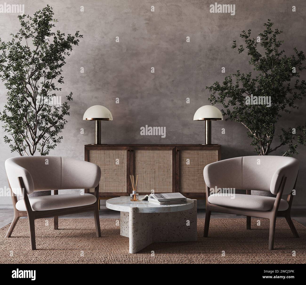 Elegant lounge area with mid century modern chairs and a stylish ...